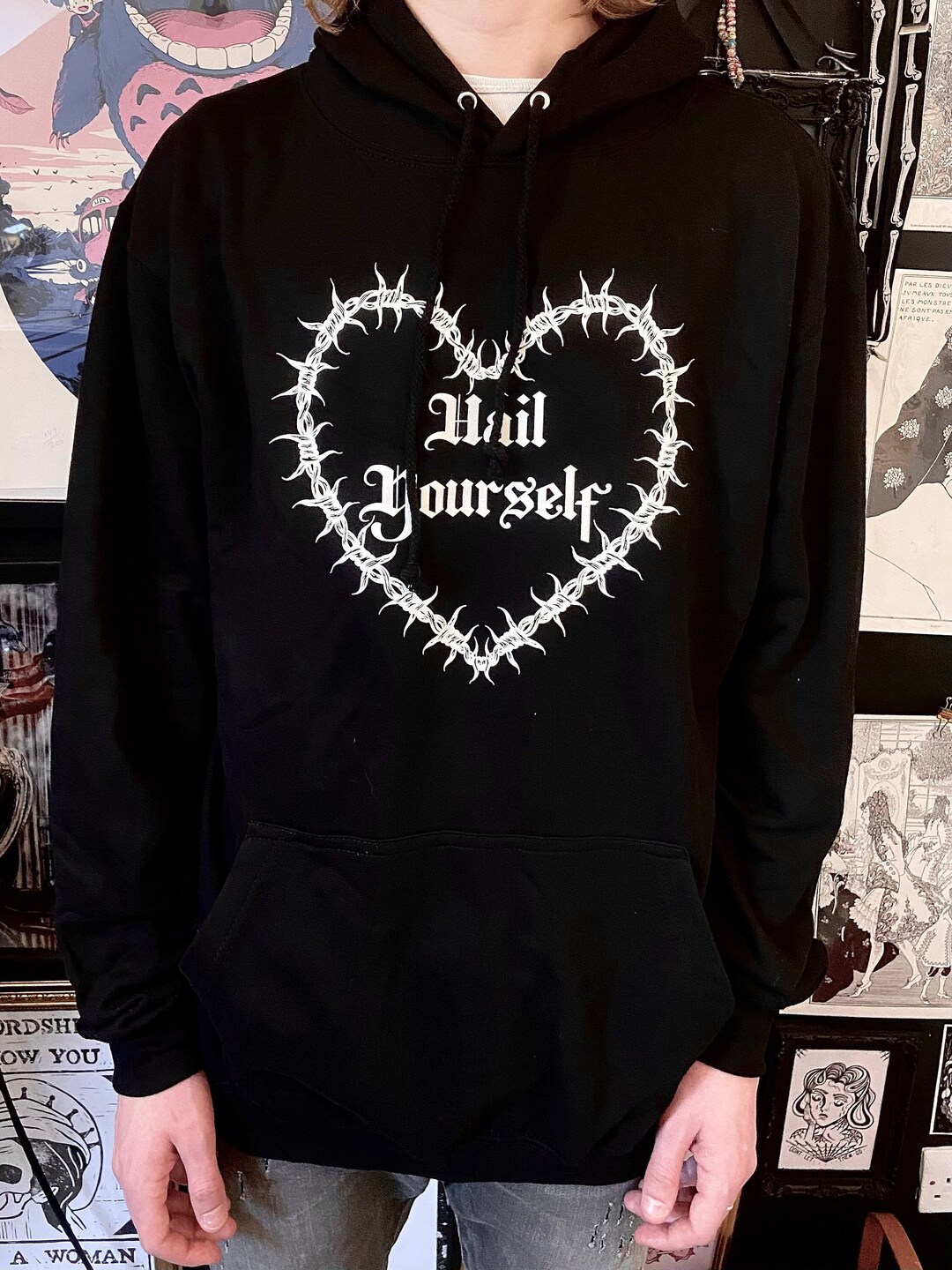 Hail Yourself Hoody, White Print on Black Cotton, Pastel Goth, Tattoo ...