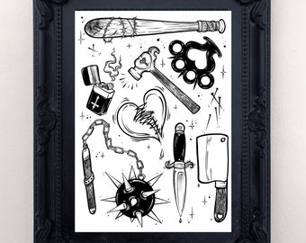 Spooky Sweets Blackwork Tattoo Flash Art Print Pastel Goth - Etsy