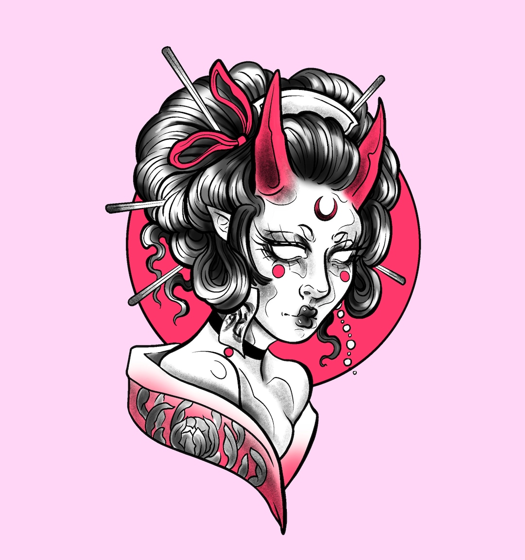Demon Geisha Art Print, Japanese Inspired, Pastel Goth, Tattoo Inspired ...