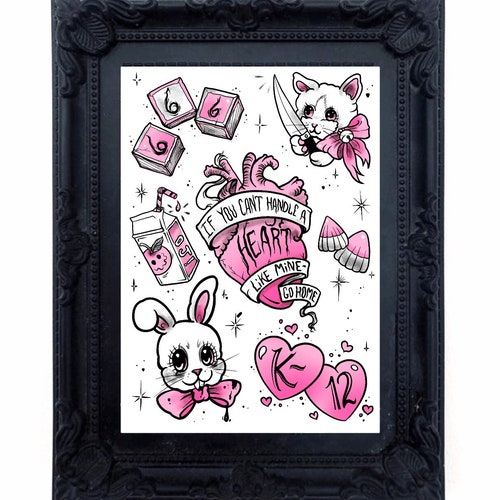 Cute but Deadly Tattoo Flash Art Print Pastel Goth Pin Up - Etsy
