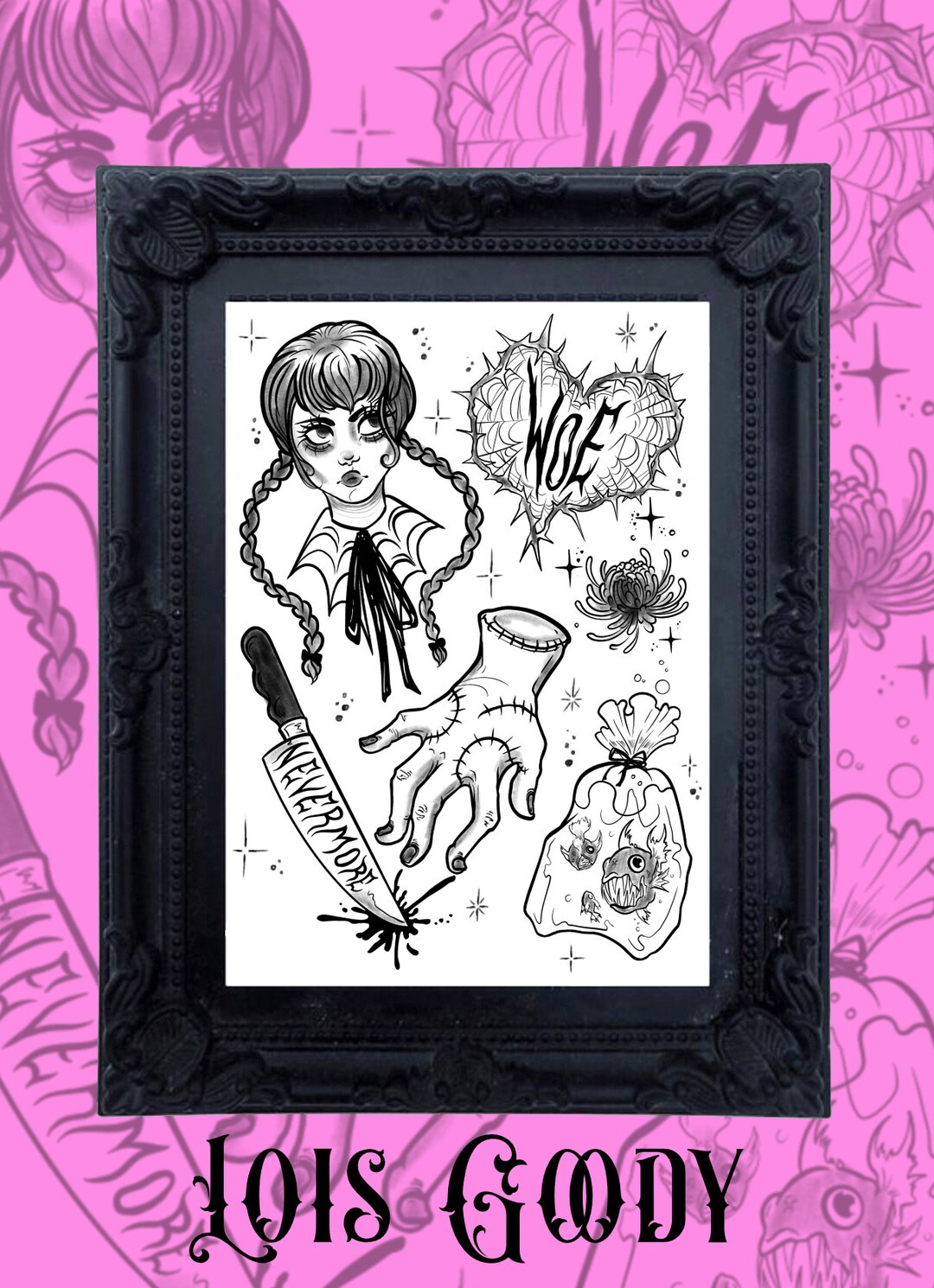 Wednesday Blackwork Tattoo Flash Art Print, Pastel Goth, Anime, Creepy ...