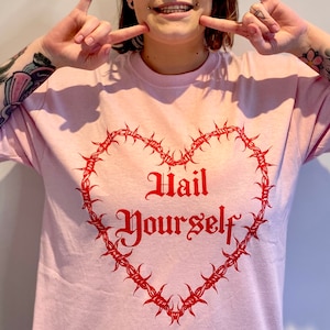 Hail Yourself T-shirt, Red on Pink, Pastel Goth, Tattoo Inspired, Self ...