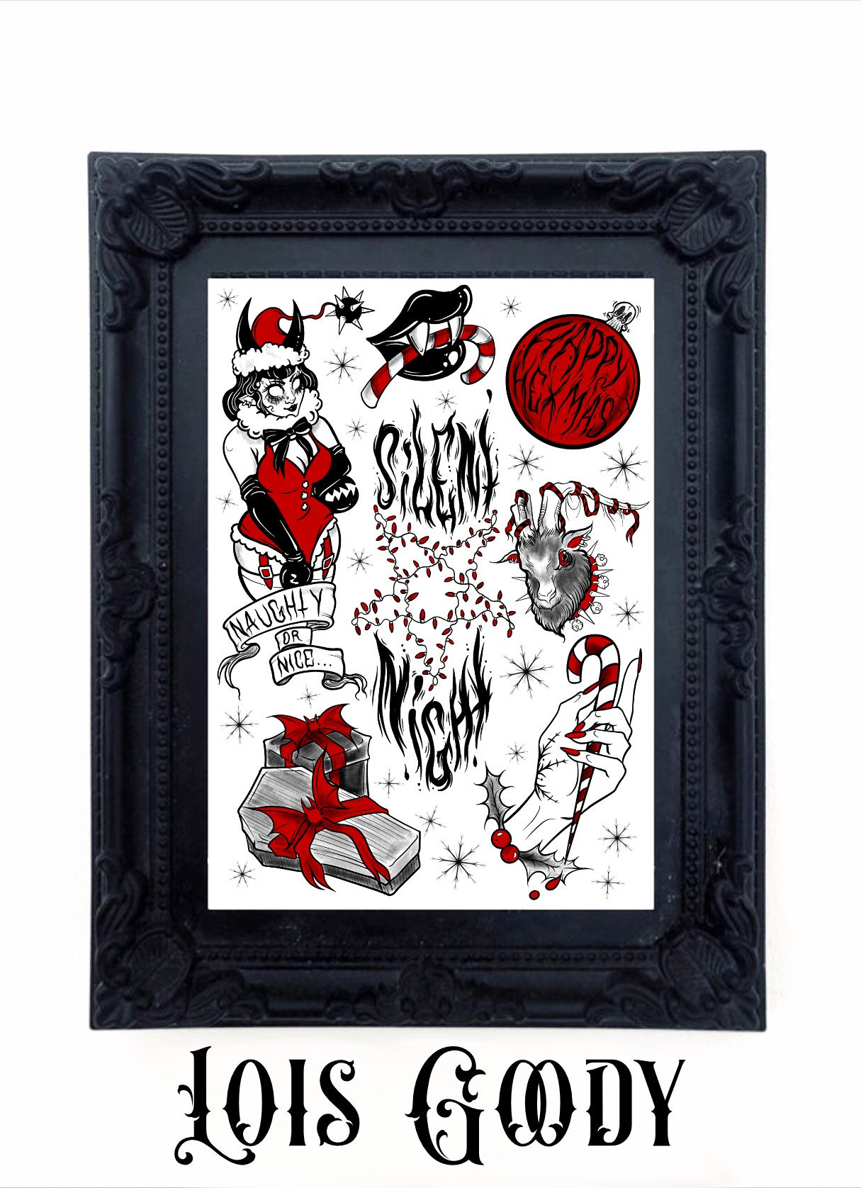 Silent Night Unholy Night Red And Blackwork Tattoo Flash Art Print Krampus Yule Pastel Goth