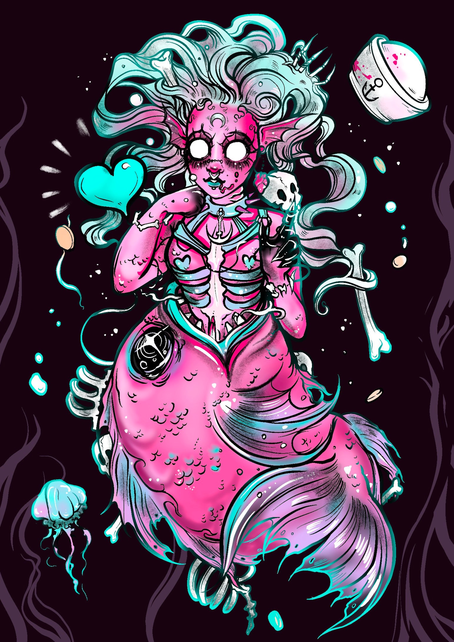 Mermaid Devil Girl Art Print Pastel Goth Pin Up Creepy Cute | Etsy
