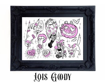 Spooky Sweets Blackwork Tattoo Flash Art Print Pastel Goth - Etsy