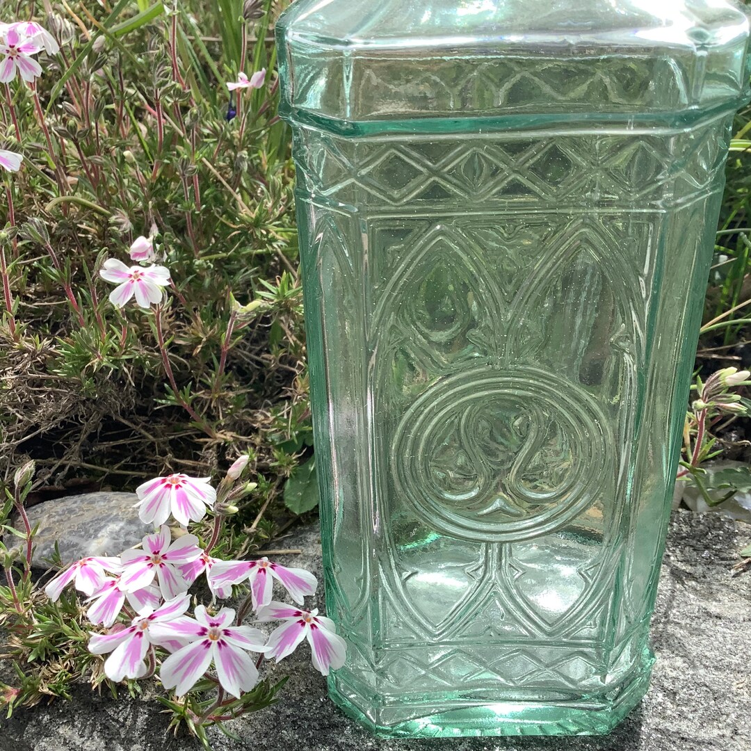 Vintage Octagonal Green Glass Bottle With Beautiful Relief - Etsy