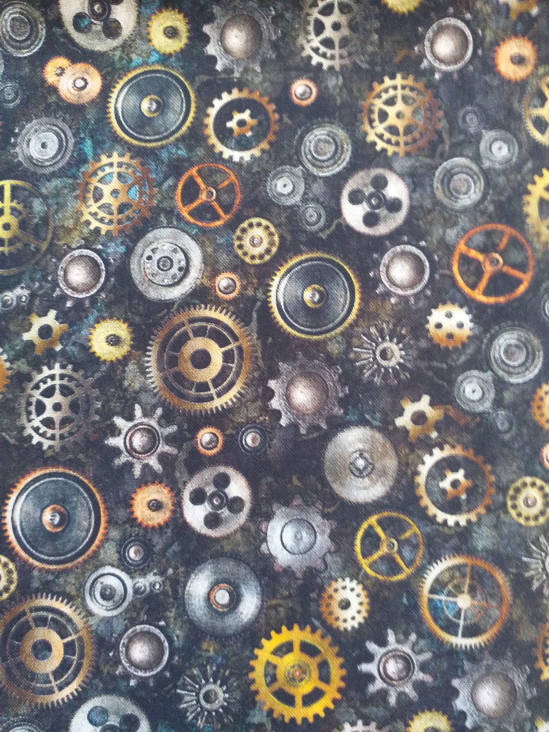 Patchwork Stoff Baumwolle Steampunk Zahnräder Zahnrad Gears braun grau ...