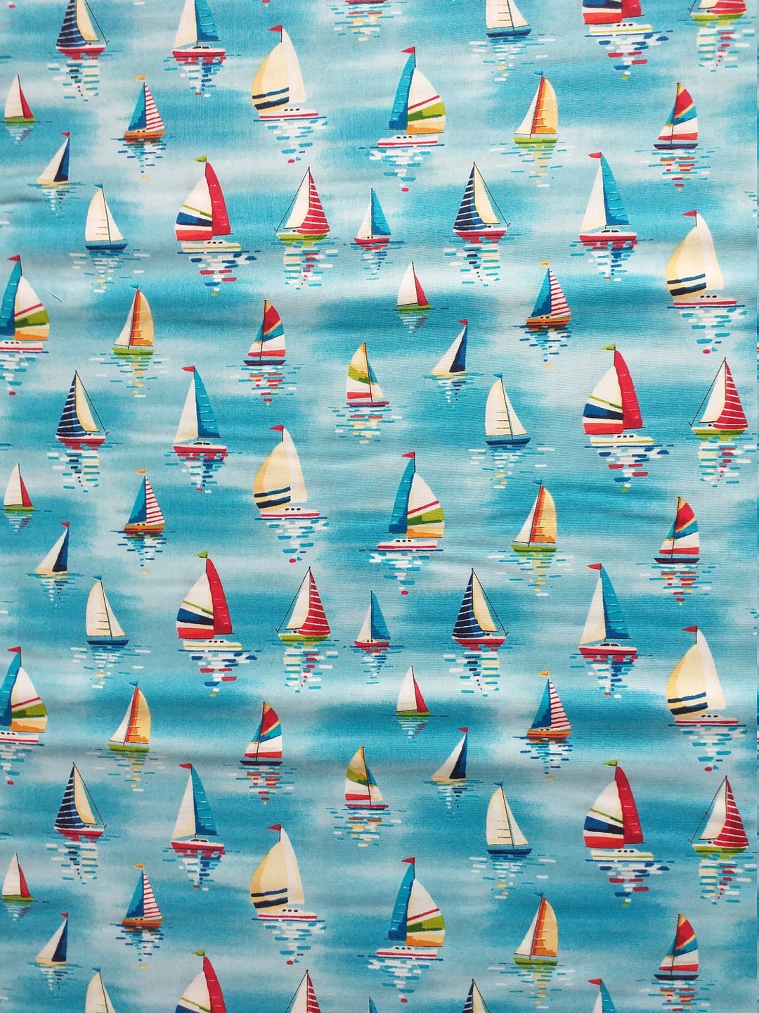 Patchwork Fabric Cotton Boat Sailboat Sea Lake Beach Sun Blue Red White ...