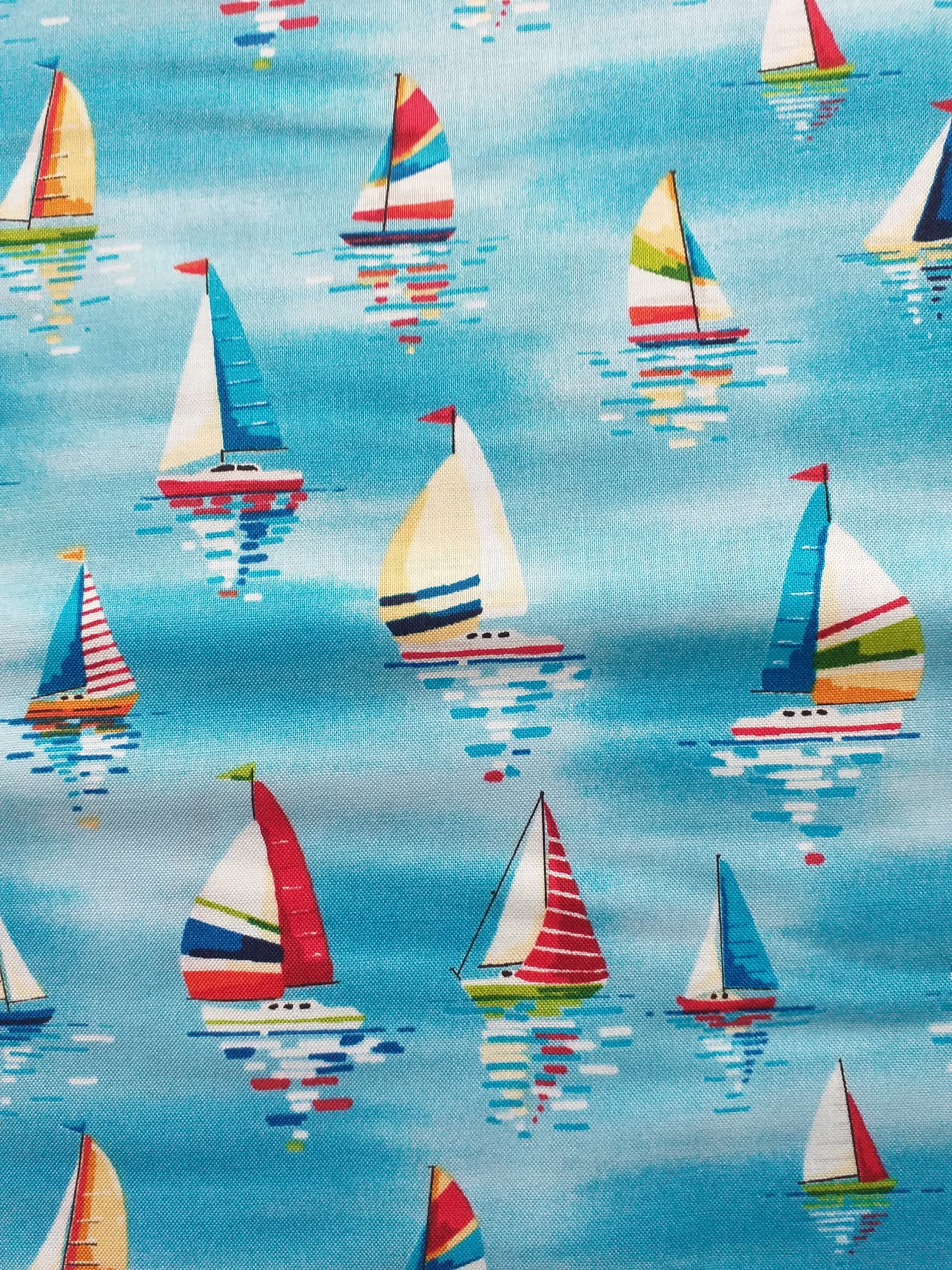 Patchwork Fabric Cotton Boat Sailboat Sea Lake Beach Sun Blue Red White ...