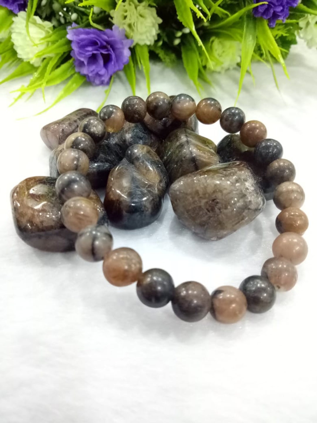 Chiastolite Stone Bracelet: Andalusite Round Beads, Reiki Chakra ...