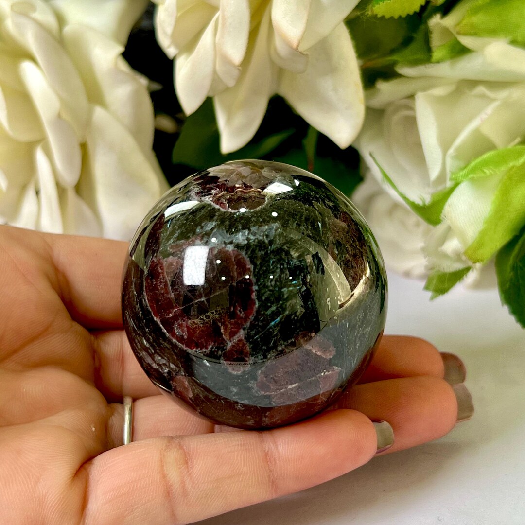 52MM Arfvedsonite Stone With Garnet Stone Manifestation Sphere Ball Orb ...