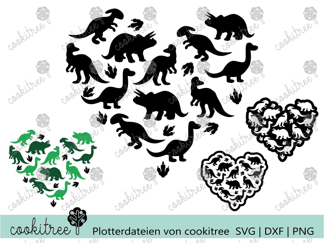 Plotterdatei Plottervorlage Plot dxf svg png Dino Herz Herzen Dinosaurier Bundle Sammlung Echse ...