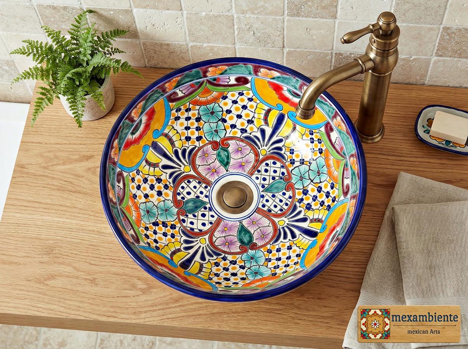FRIEDA - Mexican Handpainted Washbasin Round Sink MEDIUM Talavera ...