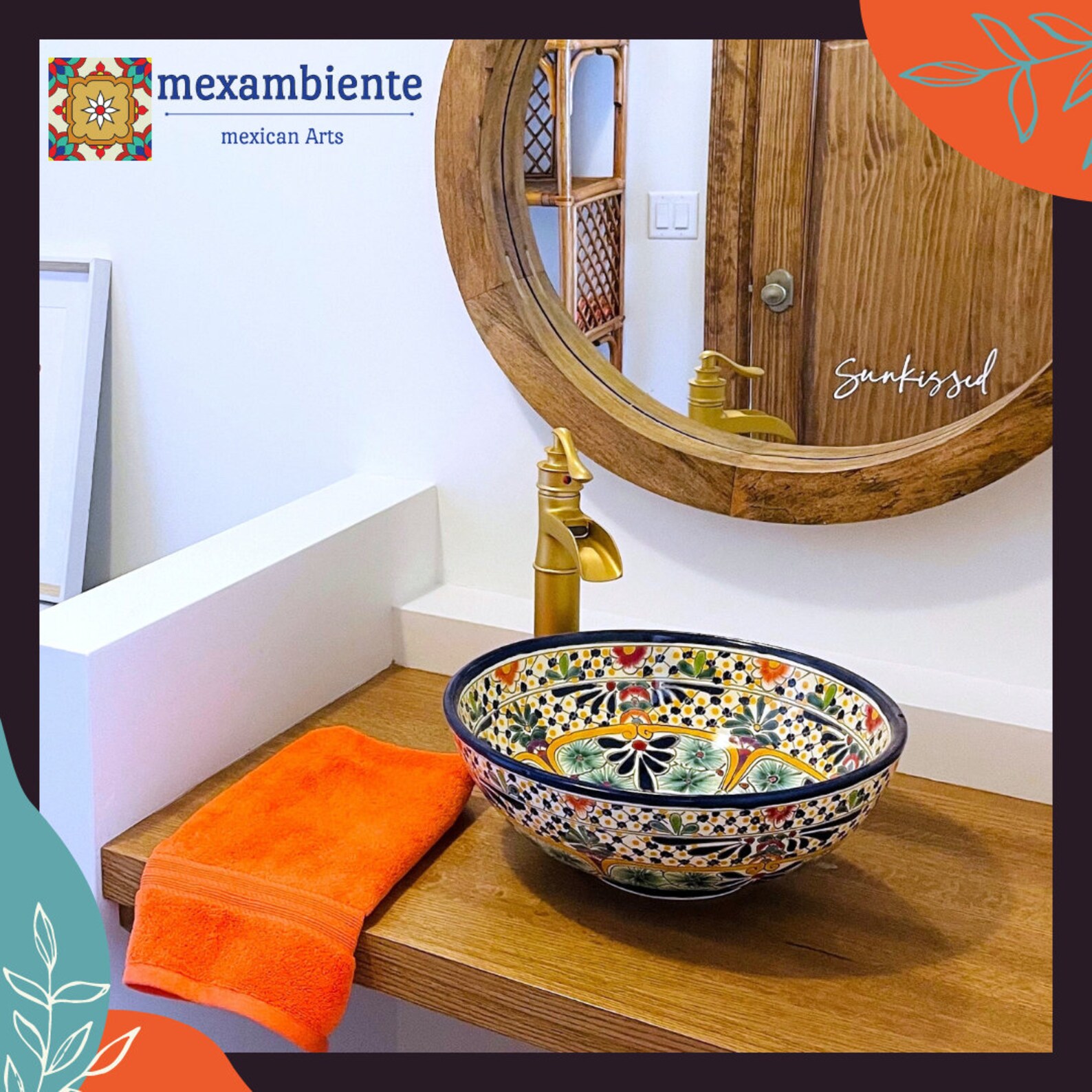 CARIBE - Mexican Handpainted Washbasin Round Sink MEDIUM Talavera ...