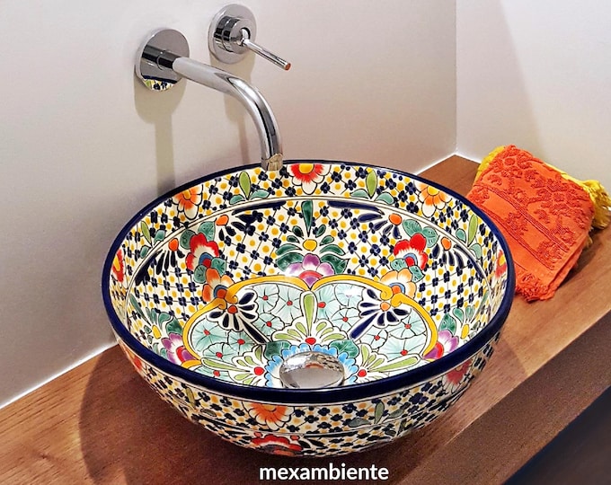 CARIBE - Mexican Handpainted Washbasin Round Sink MEDIUM Talavera ...