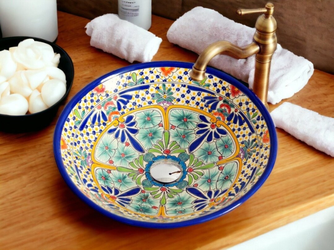 CARIBE Stunning Mexican Handpainted Wash Basin Round Washbasin Colorful ...