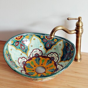 VERANO Oval Mexican Ceramic Washbasin, Handpainted Colorful Talavera ...