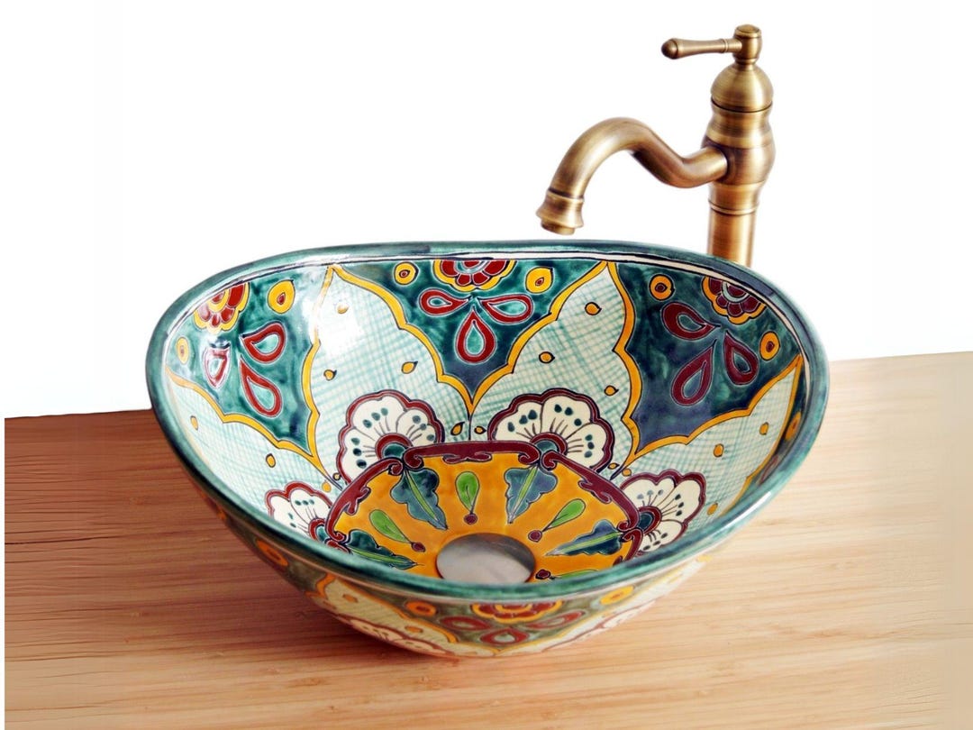 VERANO Oval Mexican Ceramic Washbasin, Handpainted Colorful Talavera ...
