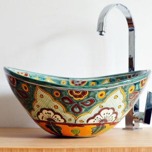 VERANO Oval Mexican Ceramic Washbasin, Handpainted Colorful Talavera ...