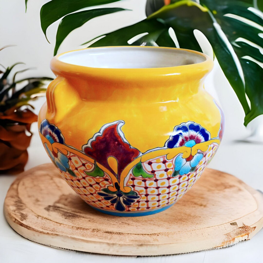 Mexican Colorful Planter, Flower Pot PUEBLA With Handles Michoacan 25 ...