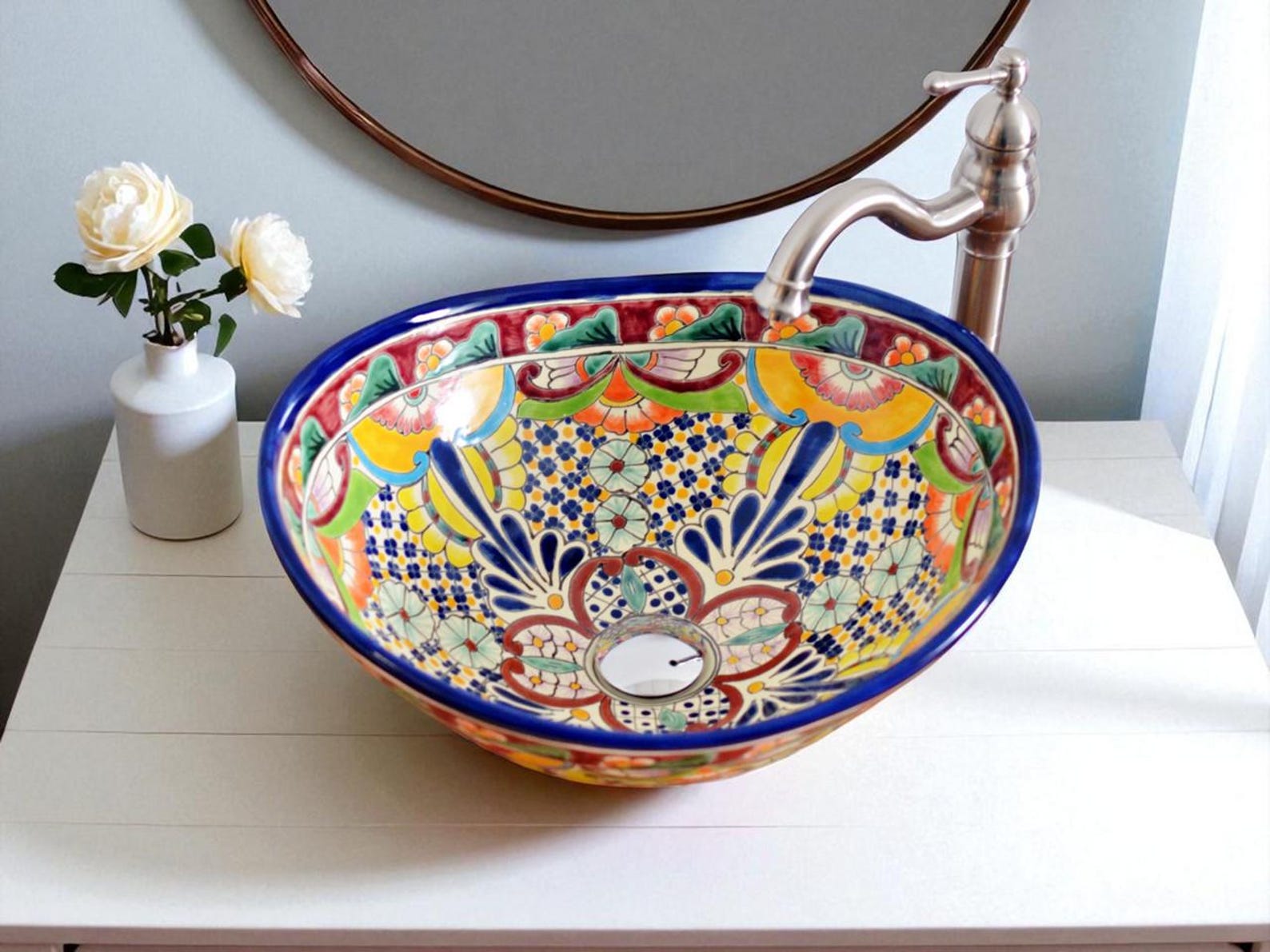 FRIEDA Oval Mexican Ceramic Washbasin, Handpainted Colorful Talavera ...