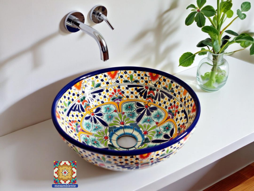 CARIBE - Small Mexican Handpainted Washbasin Round Sink, Talavera ...