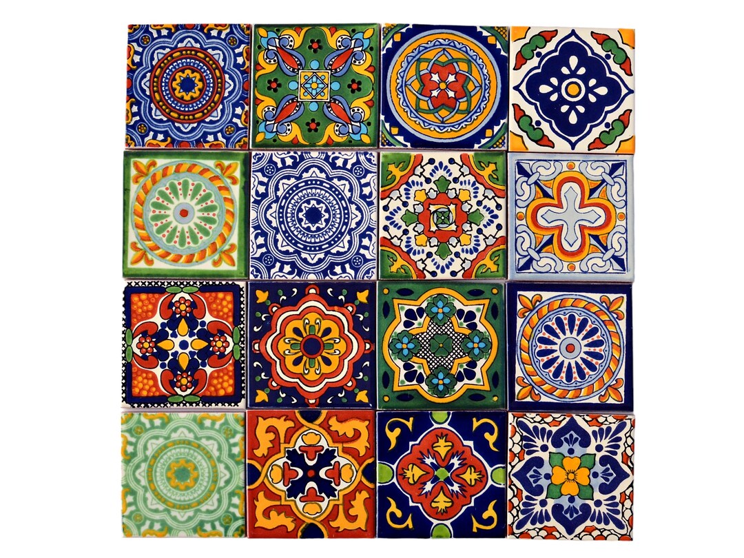 16 Mexican Tiles Hand-painted Talavera Pattern Tiles Approx. - Etsy ...