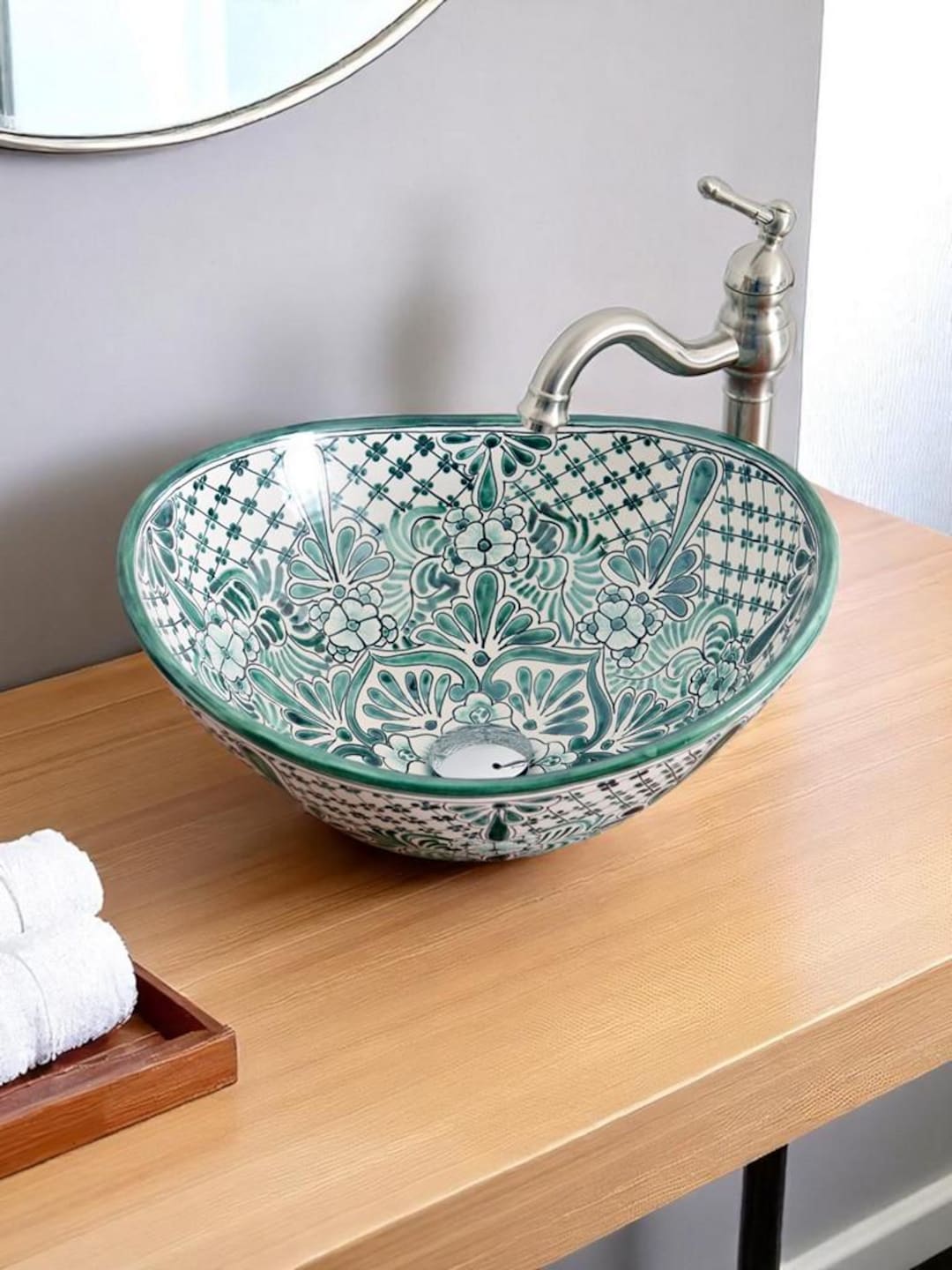 Mexican Washbasin, Oval, Hand-painted in Green and White, Floral ...
