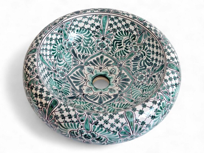 IMPERIAL - Mexican Handpainted Round Washbasin, Vessel Sink in Green ...