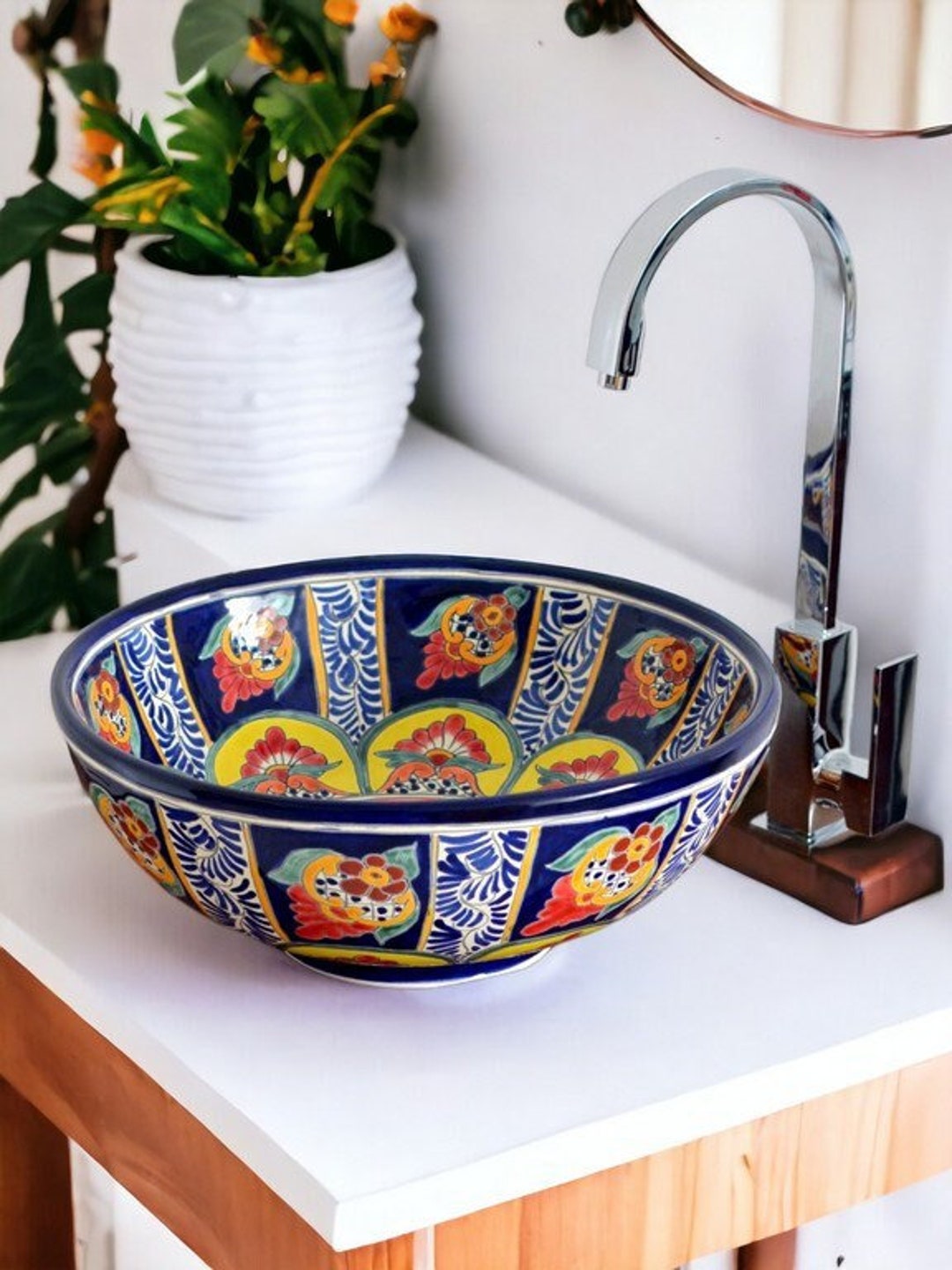 FANTASIA Mexican Handpainted Washbasin Round, Colorful Talavera Ceramic ...