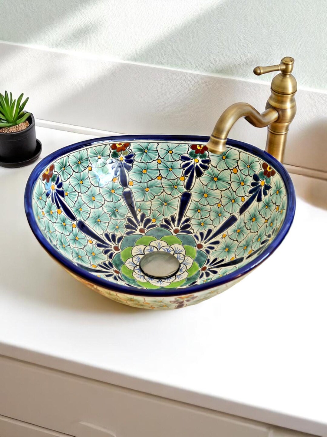 PASION Oval Mexican Ceramic Washbasin, Handpainted Colorful Talavera ...