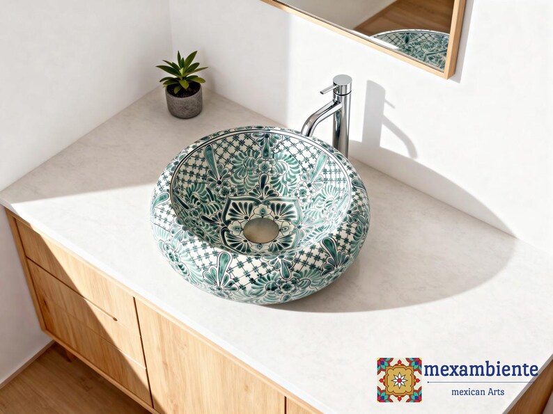 IMPERIAL - Mexican Handpainted Round Washbasin Vessel Sink Green White ...