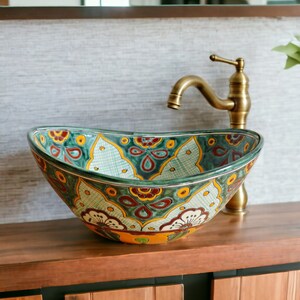 VERANO Oval Mexican Ceramic Washbasin, Handpainted Colorful Talavera ...