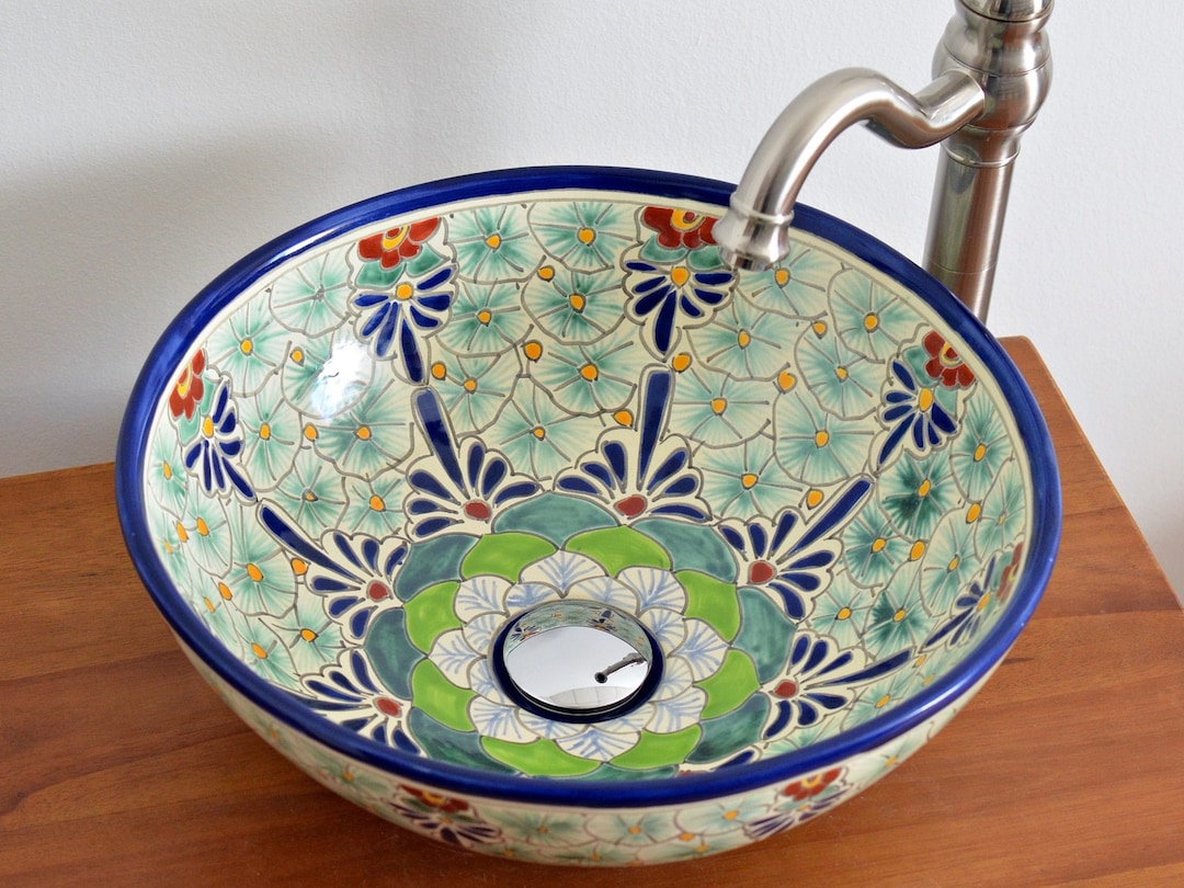 PASION Mexican Handpainted Vessel Sink Round Washbasin MEDIUM Talavera ...