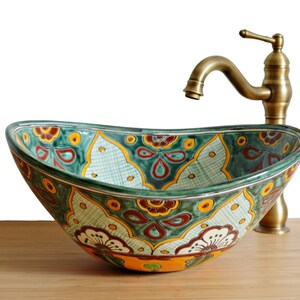 VERANO Oval Mexican Ceramic Washbasin, Handpainted Colorful Talavera ...