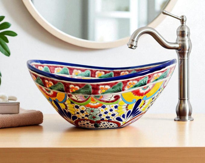 FRIEDA Oval Mexican Ceramic Washbasin, Handpainted Colorful Talavera ...