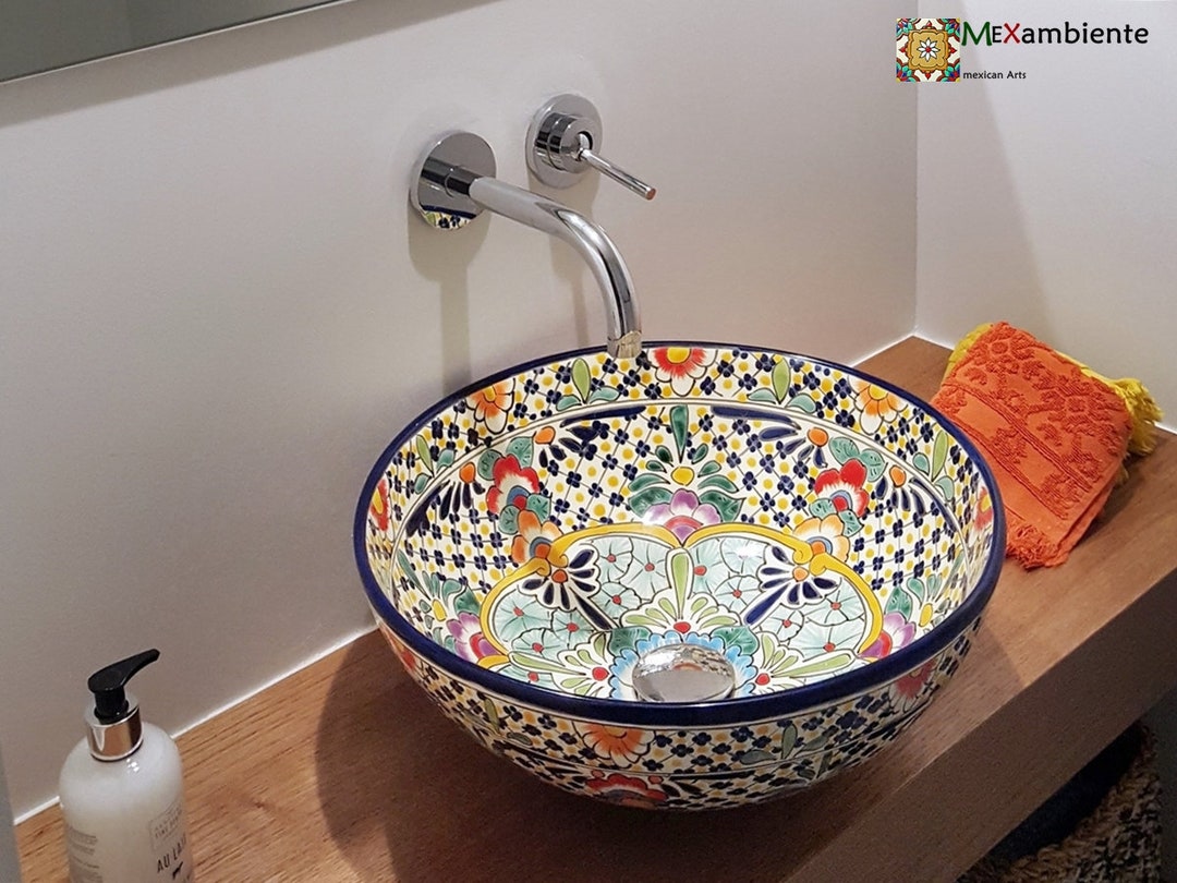 CARIBE Mexican Handpainted Washbasin Round Sink MEDIUM Talavera Ceramic ...