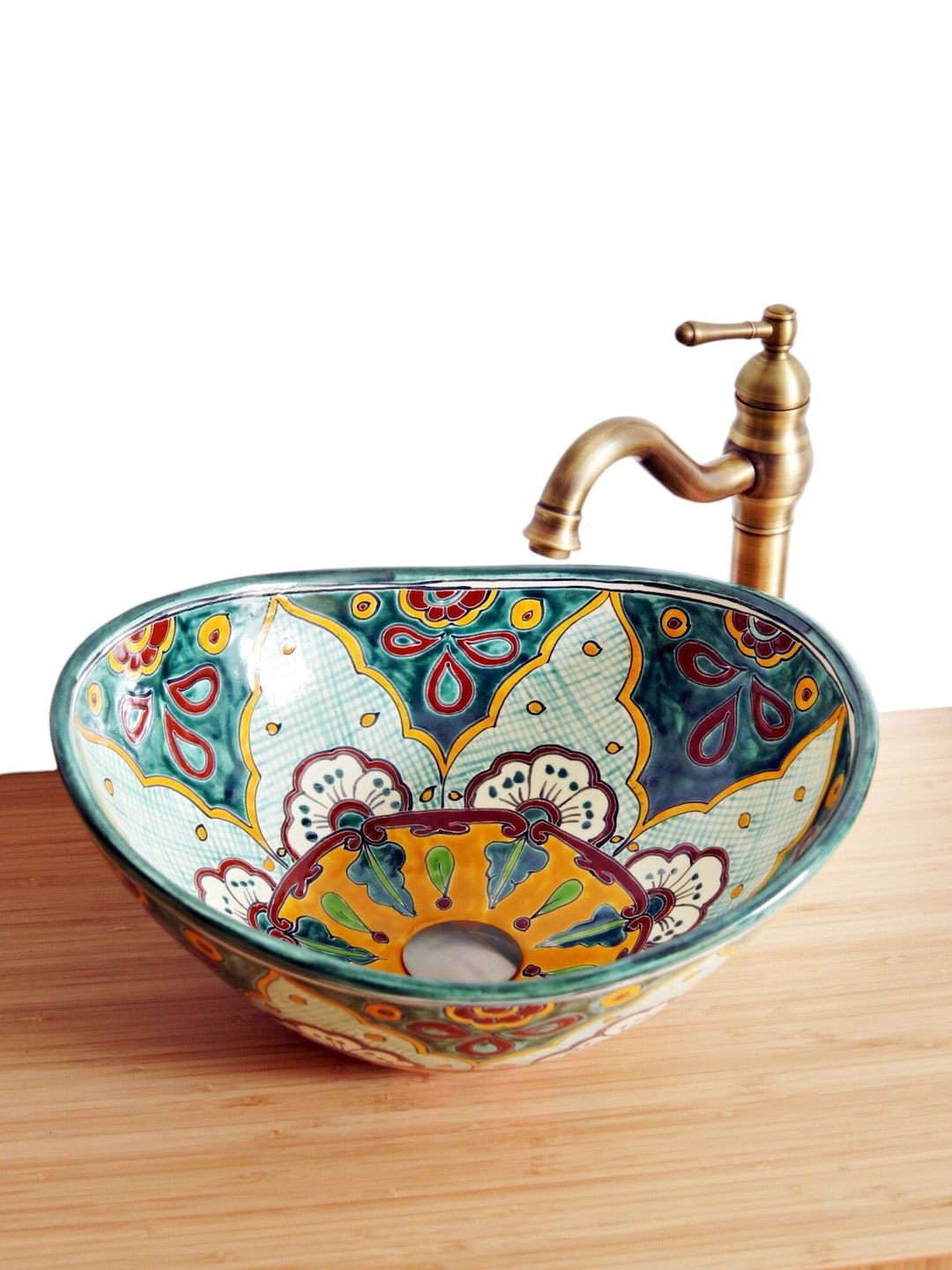 VERANO Oval Mexican Ceramic Washbasin, Handpainted Colorful Talavera ...