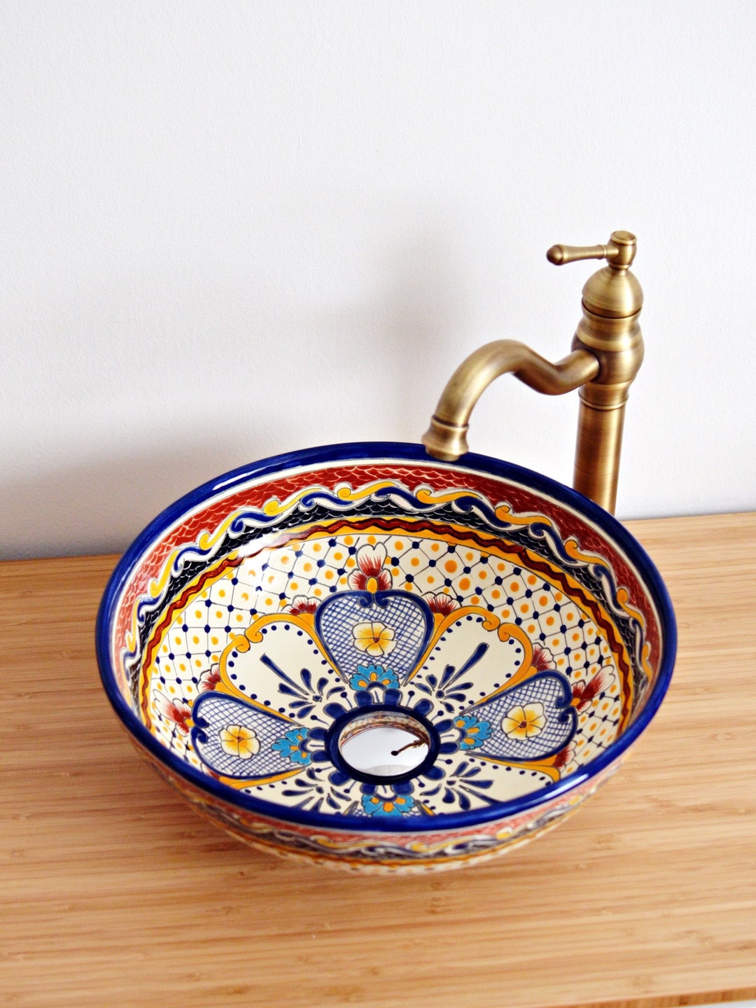 MAYA - Mexican Handpainted Washbasin Round Sink MEDIUM Talavera Ceramic ...