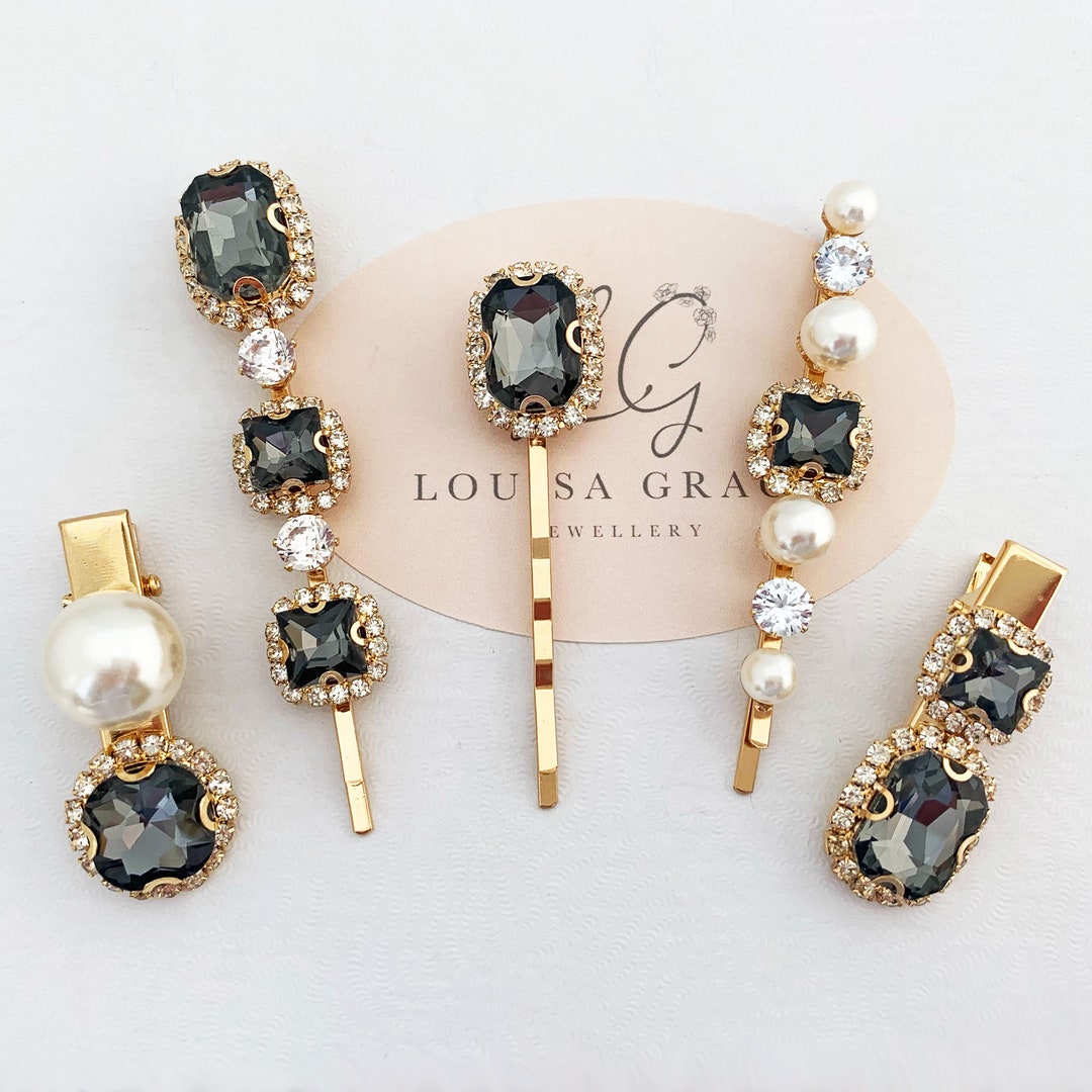 Bridal Black Diamond Crystal Pearl Hair Clips Set of Five Slide Emerald ...