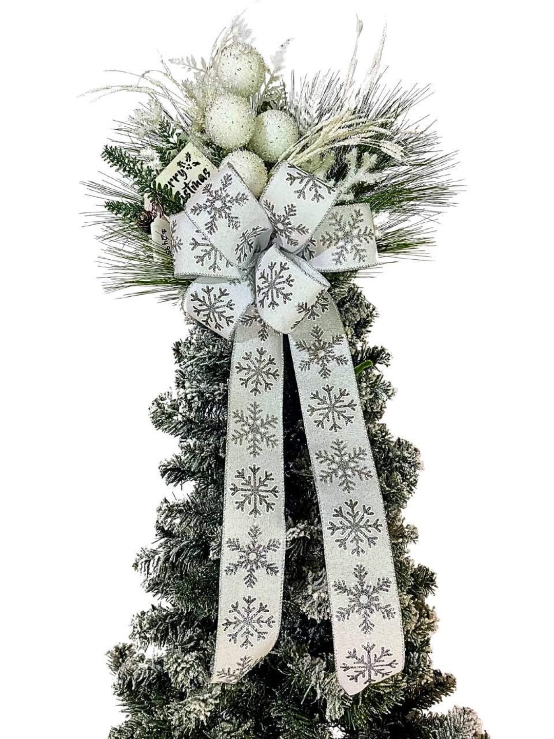 CHRISTMAS TREE TOPPER, White & Silver Tree Topper, Tree Topper Bow ...