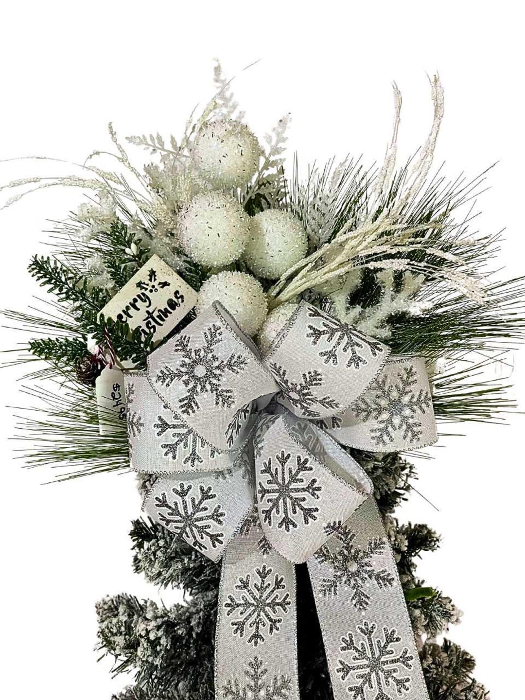 CHRISTMAS TREE TOPPER, White & Silver Tree Topper, Ribbon Tree Topper ...