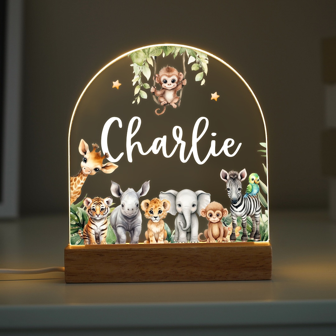 Personalised LED Animal Lamp, Kids Night Light Gift, Safari Jungle ...