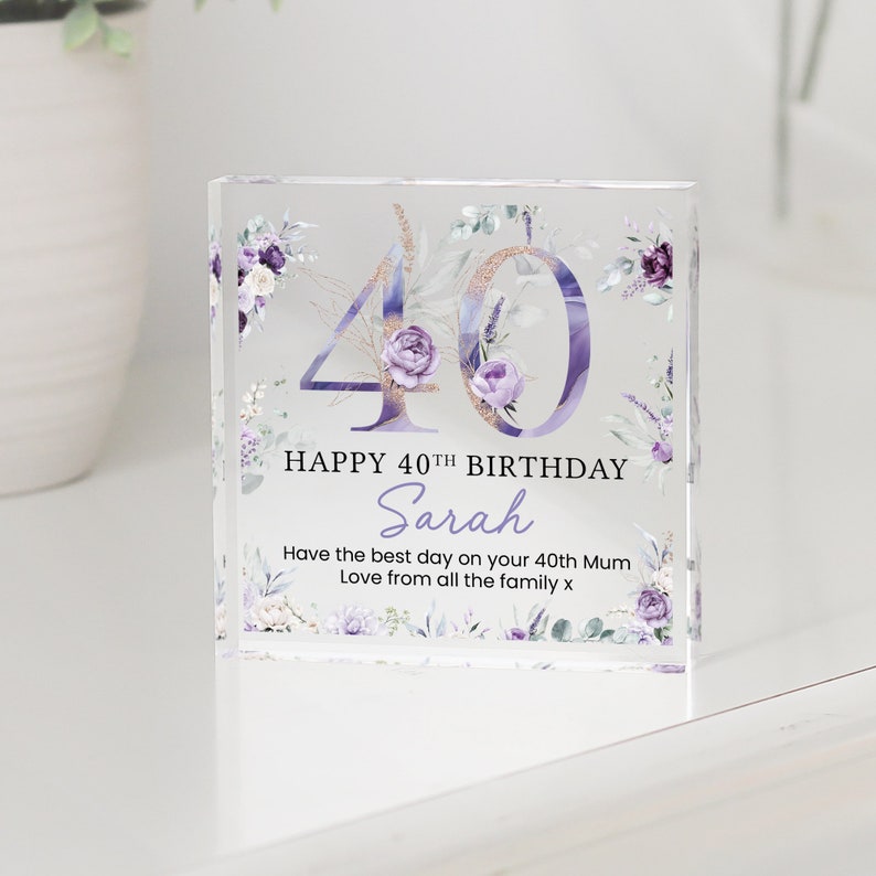 Personalised Happy 40th Birthday Gift Plaque, Purple Floral Birthday ...