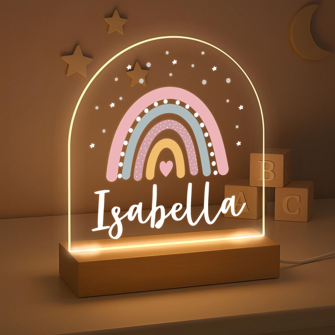 Personalised LED Nursery Lamp, Kids Night Light Gift, Rainbow Light ...