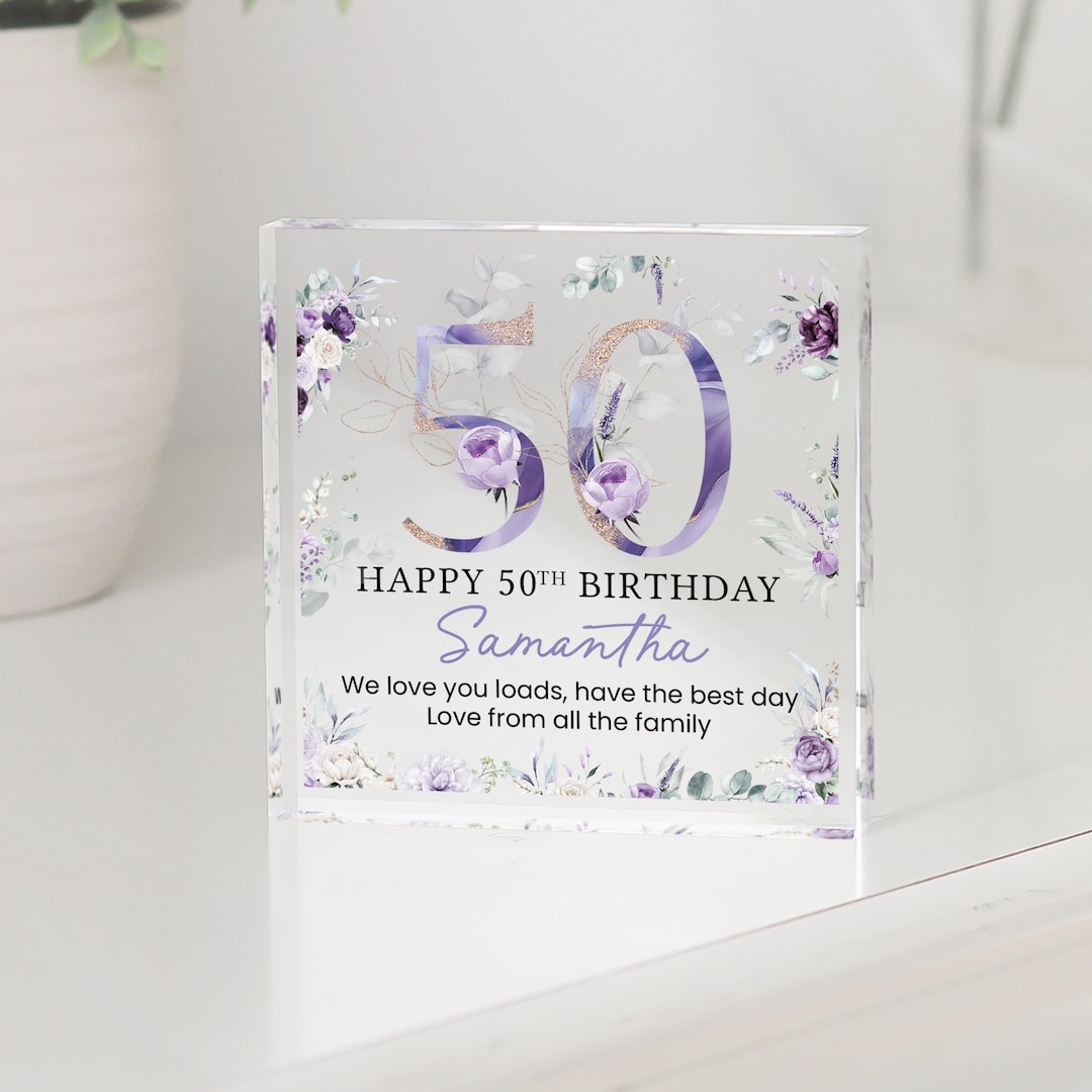 Personalised Happy 50th Birthday Gift Plaque, Purple Floral Birthday ...
