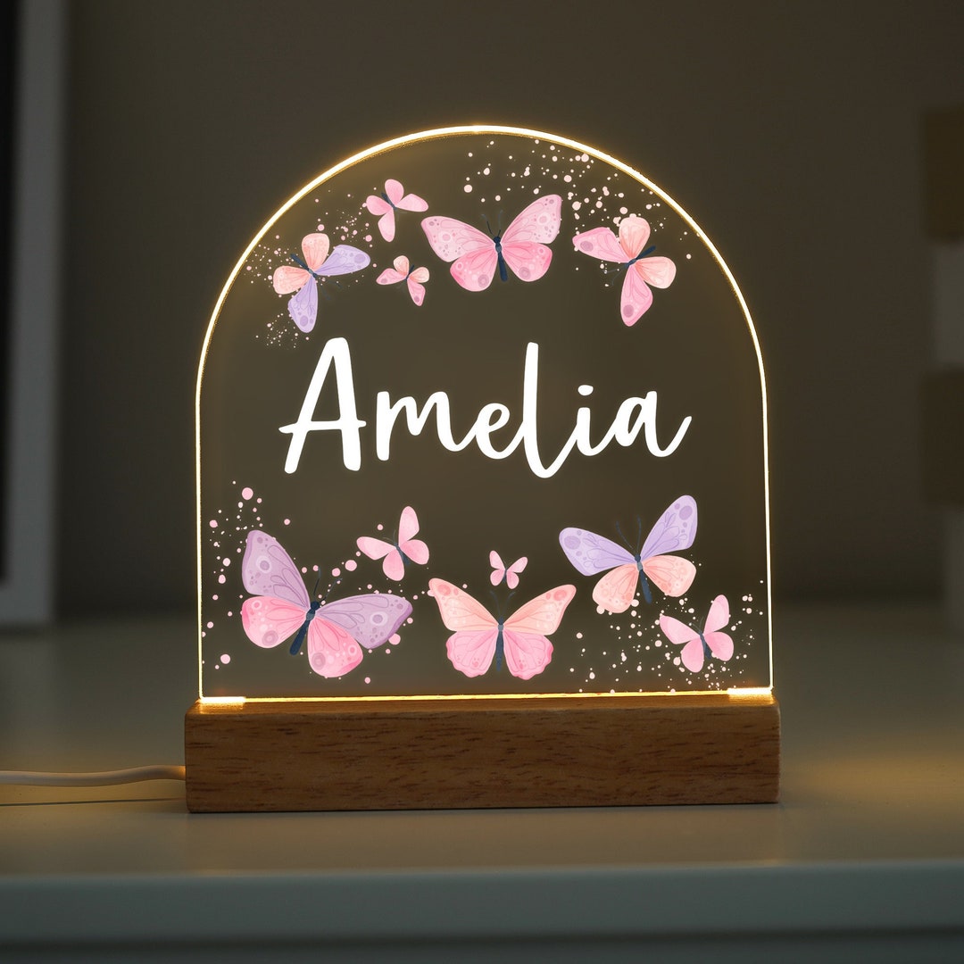 Personalised LED Nursery Lamp, Kids Night Light Gift, Butterfly Light ...