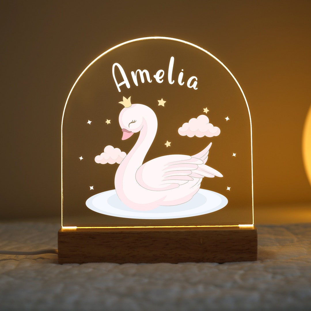Personalised LED Swan Lamp, Kids Night Light Gift, Baby Girls Light ...