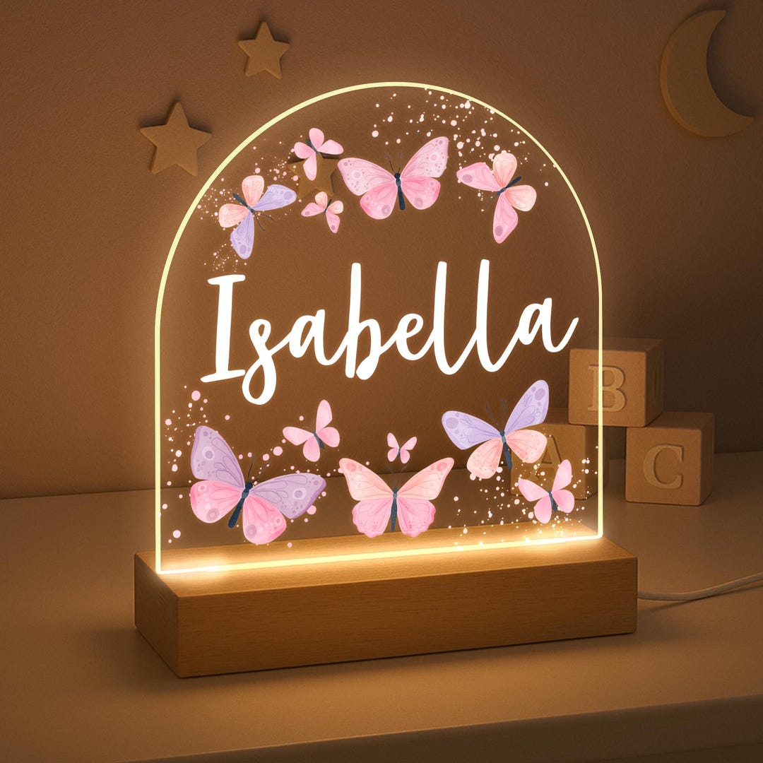 Personalised LED Nursery Lamp, Kids Night Light Gift, Butterfly Light ...