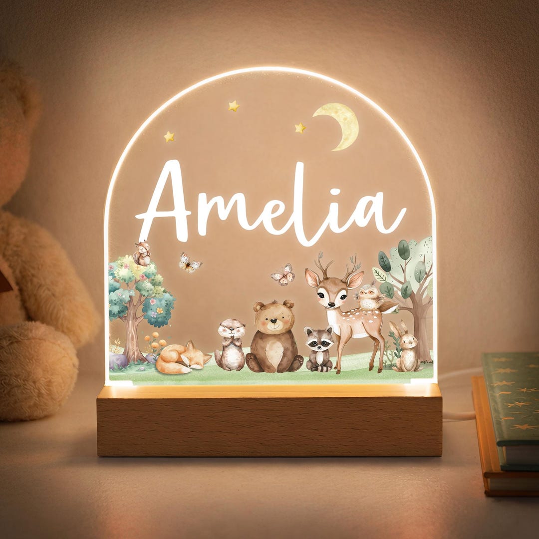Personalised LED Animal Lamp, Kids Night Light Gift, Woodland Animals ...